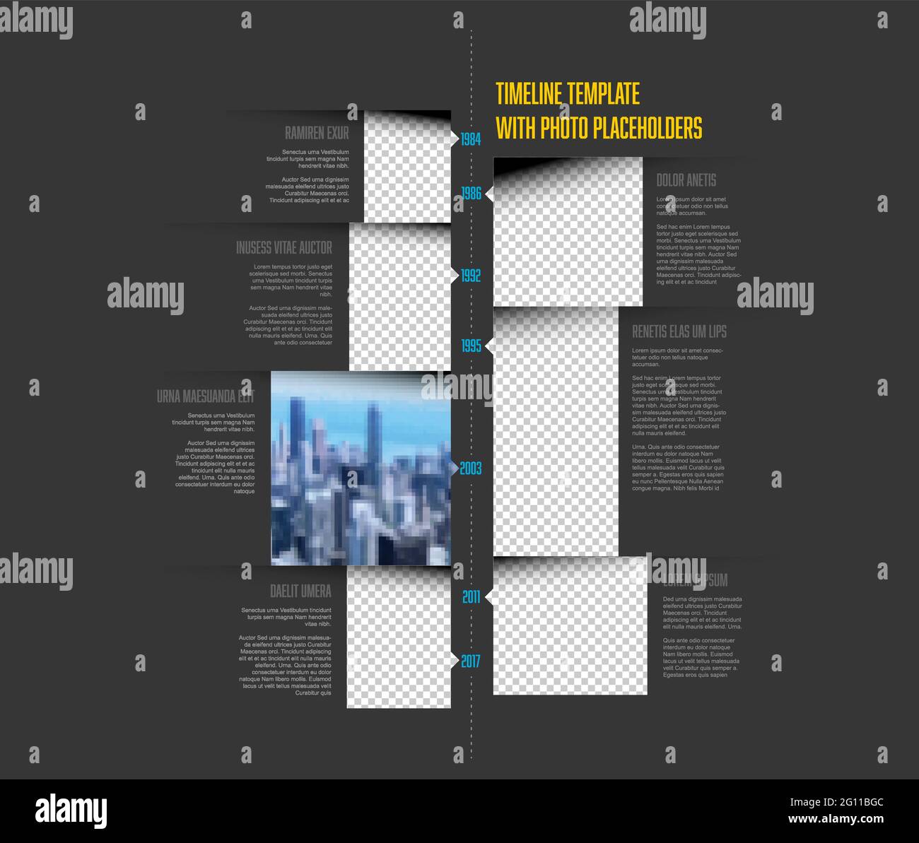 Vector dark simple infographic vertical time line template with rectangle photo placeholders ...