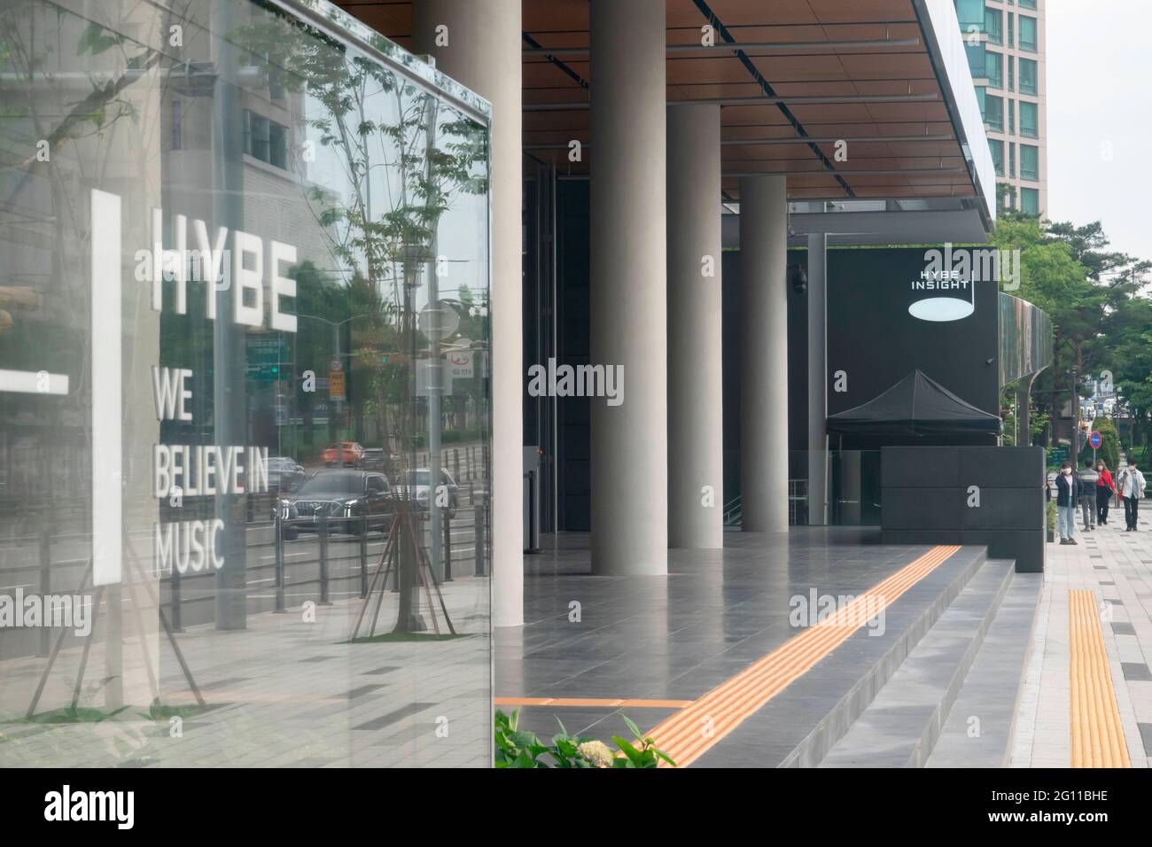 HYBE, June 1, 2021 : The new headquarters building of HYBE in Seoul, South Korea. The name of ...
