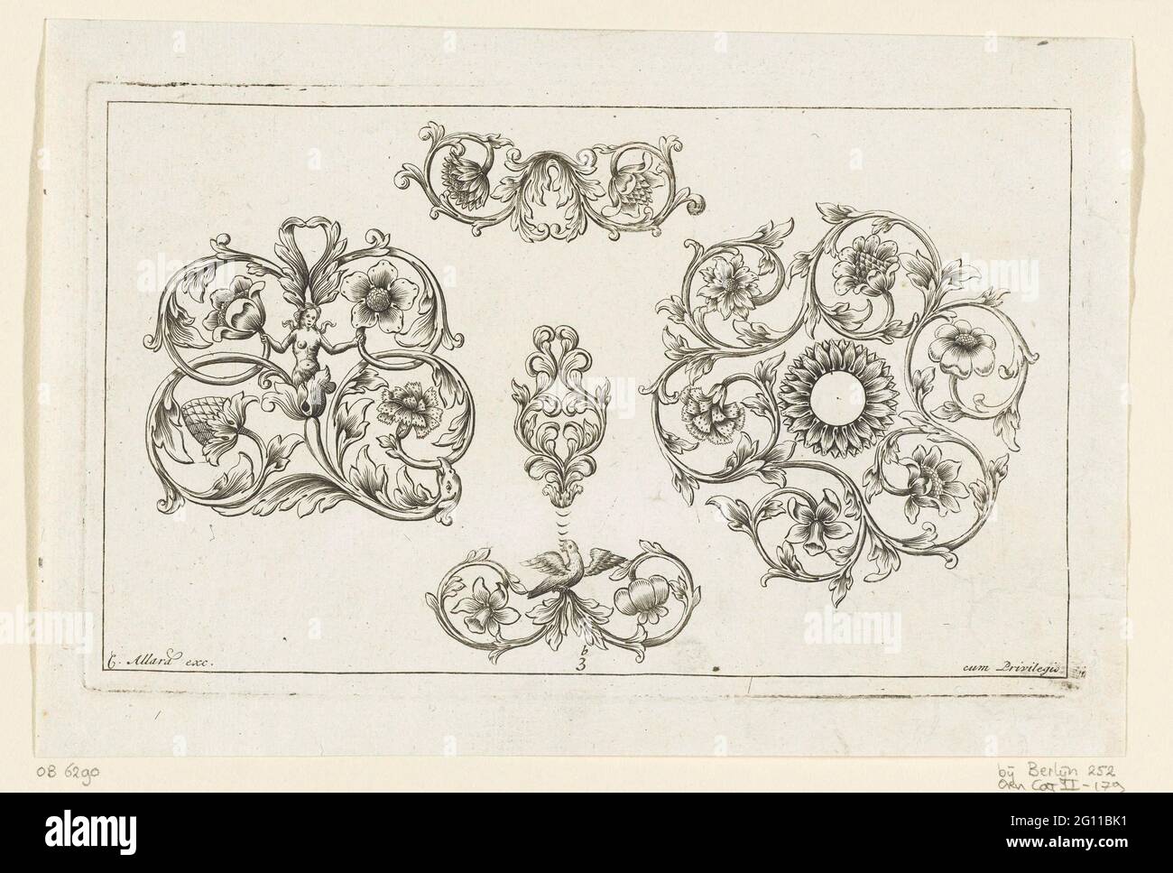 Two large and three small motifs with leaf raft and flowers; Through ...