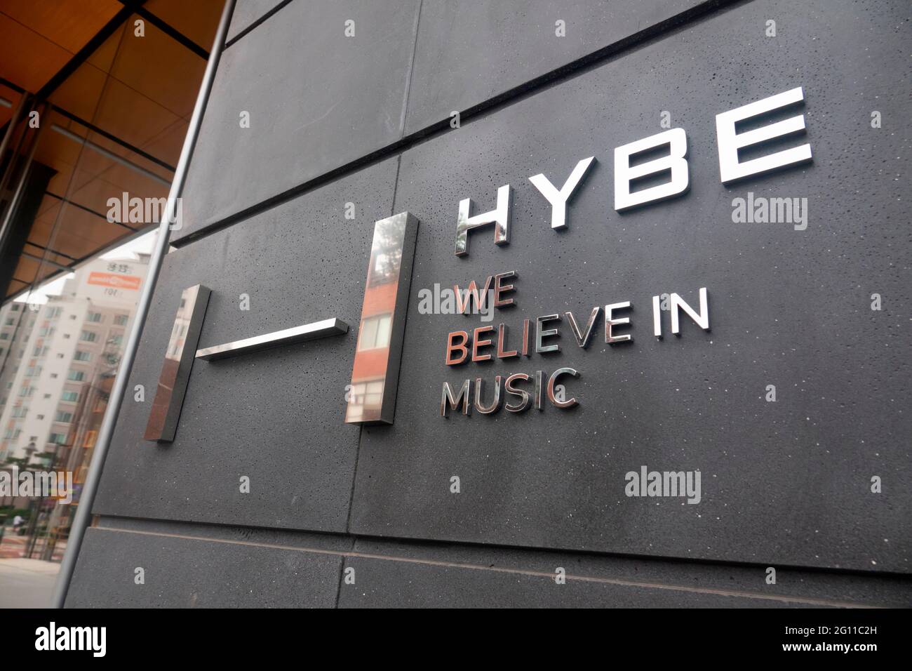 HYBE, June 1, 2021 : The new headquarters building of HYBE in Seoul, South Korea. The name of ...