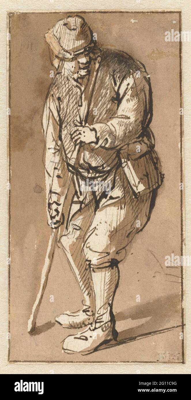 Standing man with a stick. A standing man holding a stick with both ...