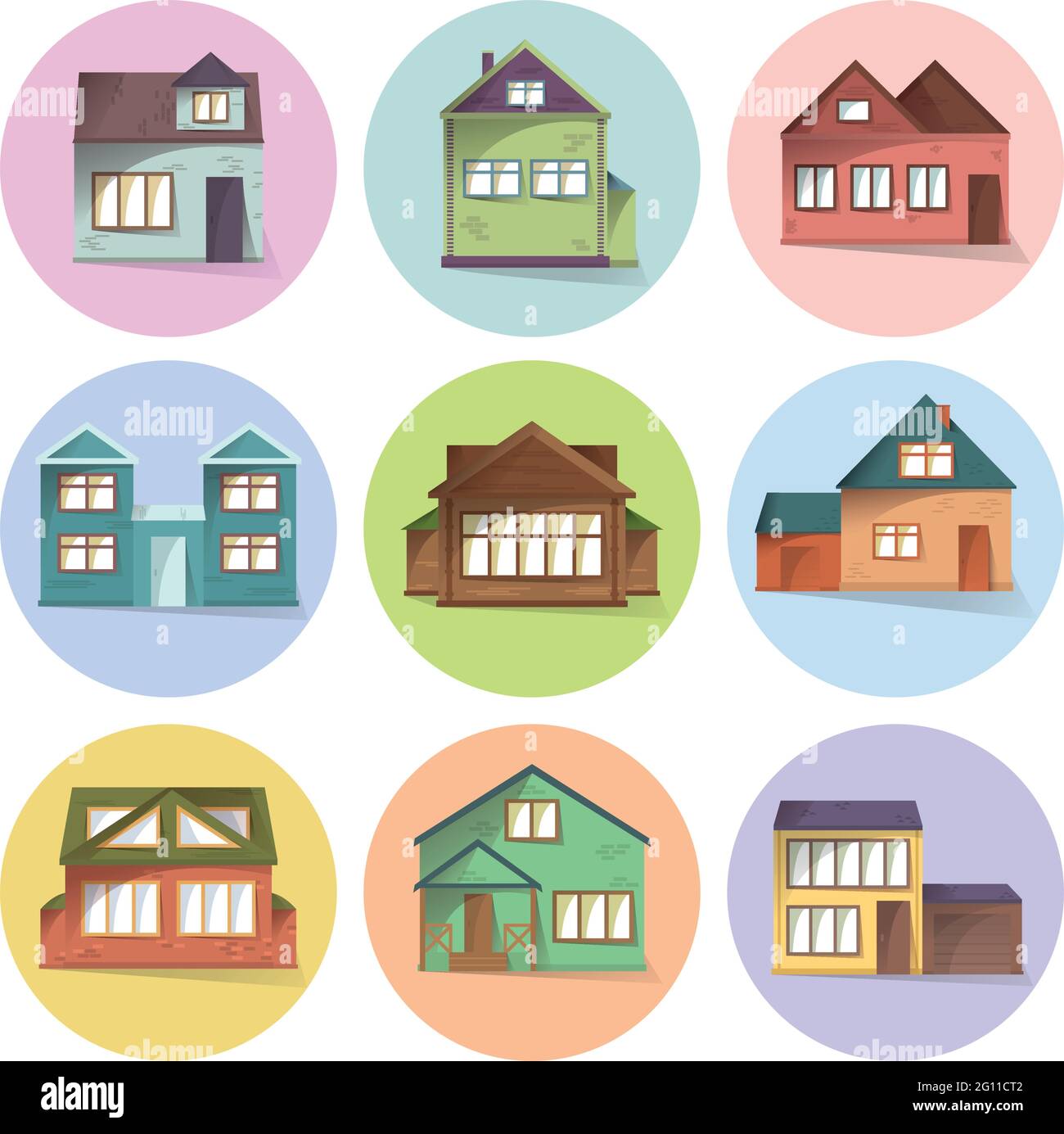 House icons set, different type of houses, building facades, semi flat ...