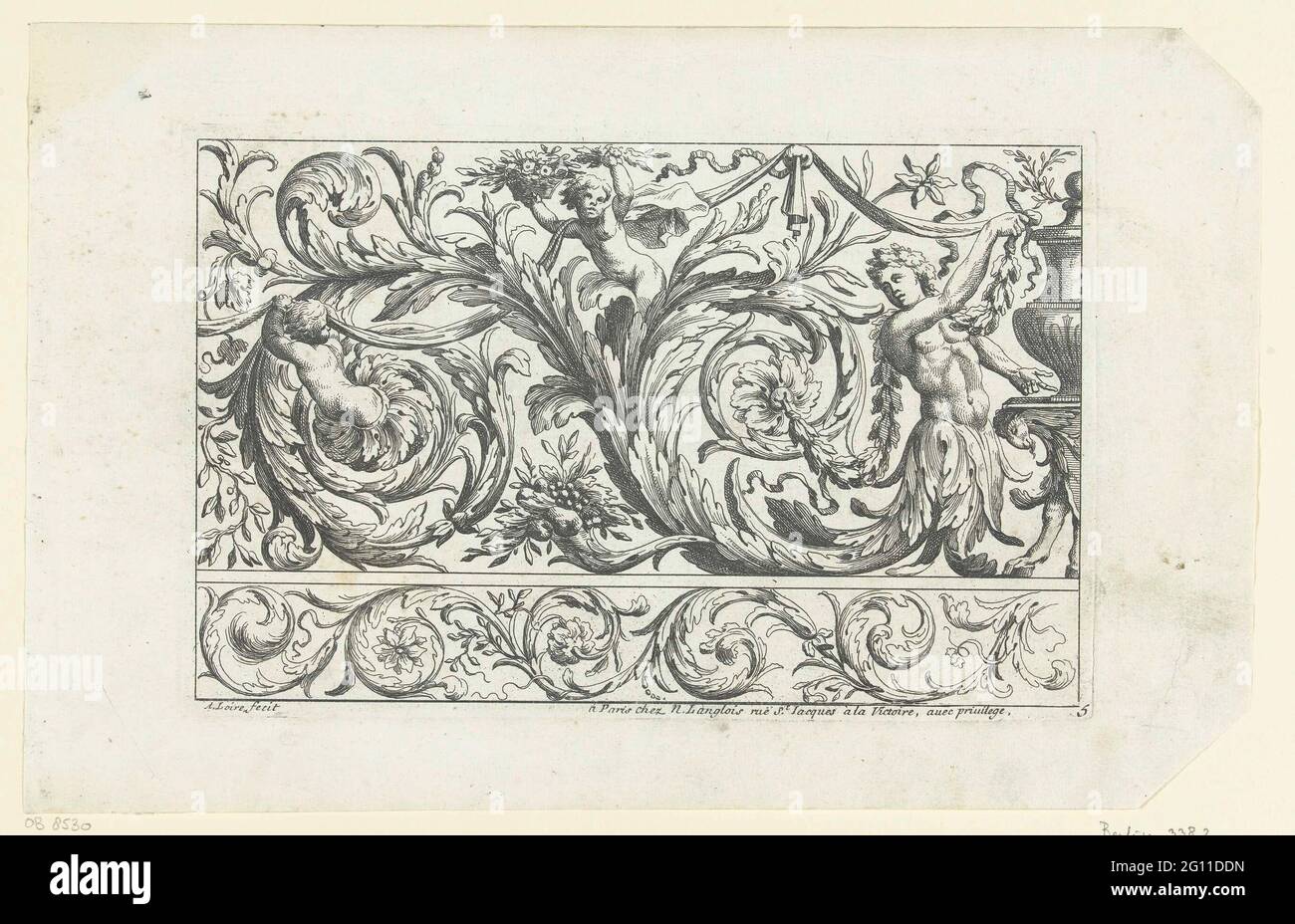 Young man and two putti between leaf raft; Frisians with leaf refines ...