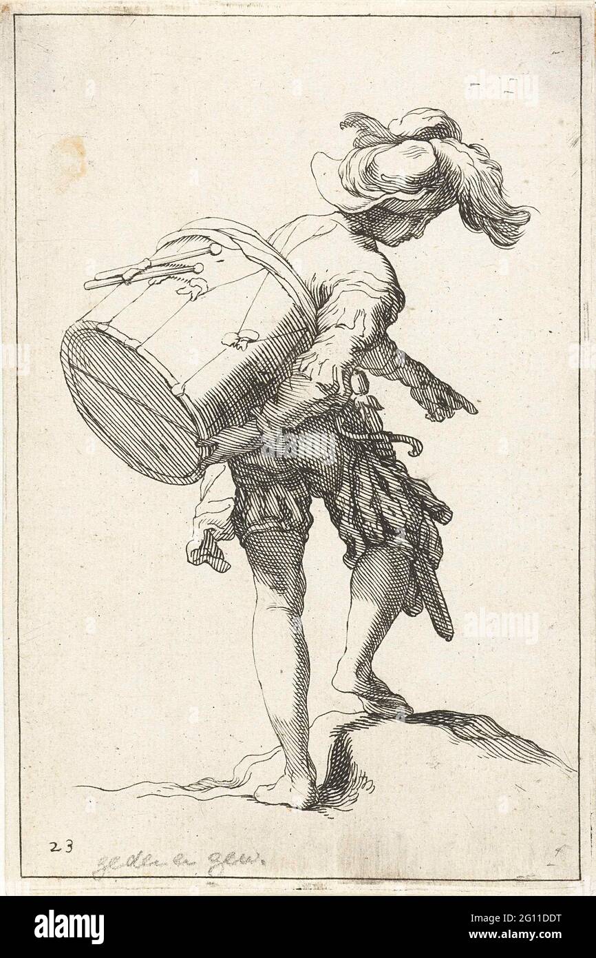 Drummer; The small figures. A young man wears a big drum on his back ...