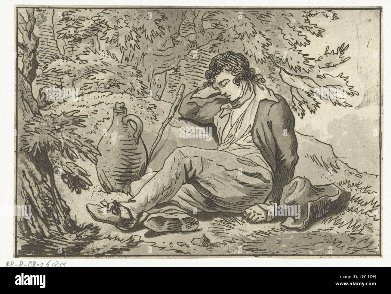 Sitting sleeping boy. Sleeping shepherd sitting next to a jug with wine ...