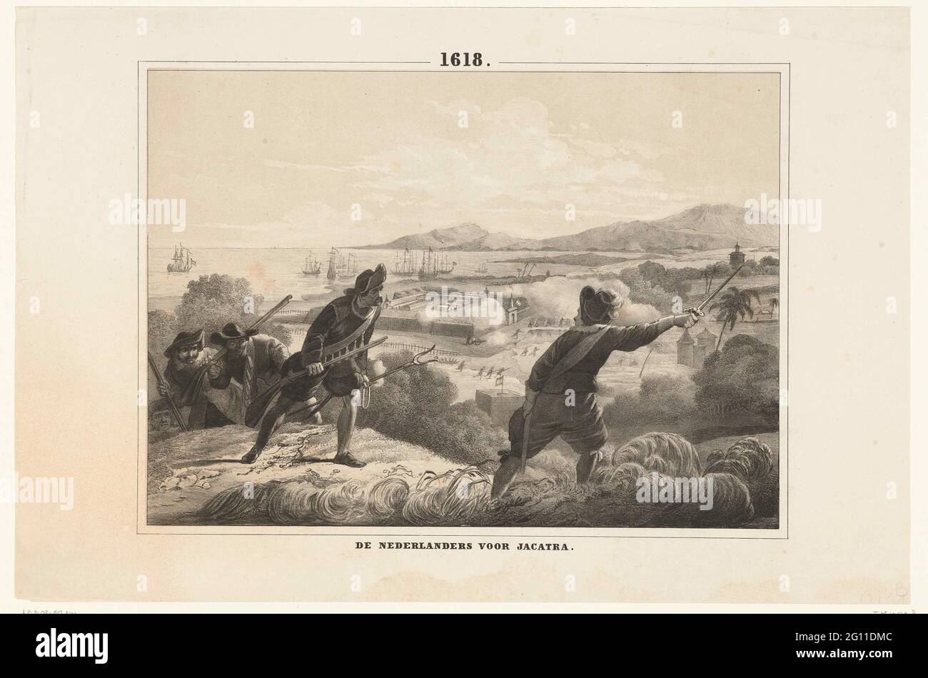 Fighting Dutch soldiers at the castle of Batavia, 1618; 1618 / The ...