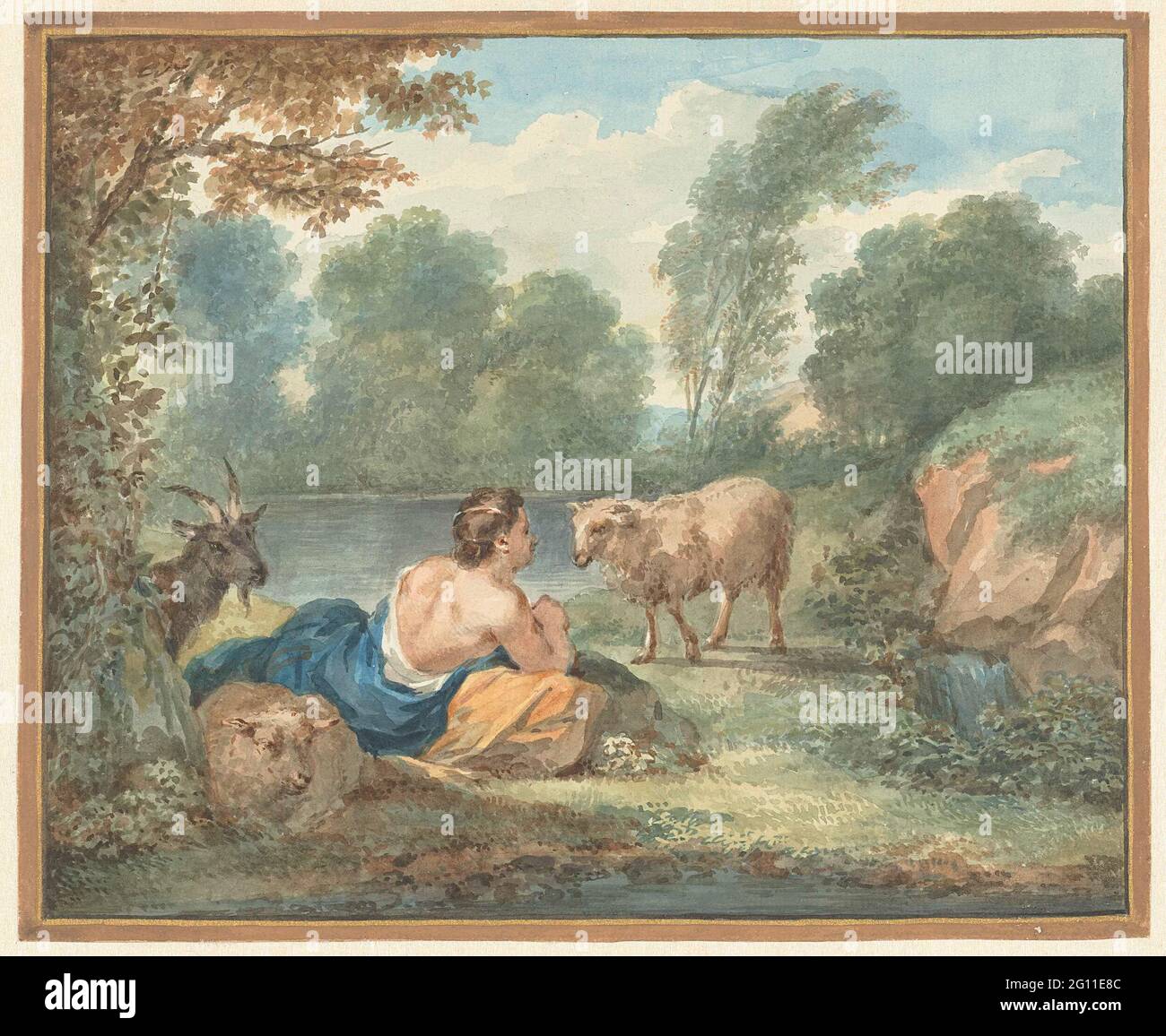 Shepherdess with sheep in a landscape with a lake Stock Photo - Alamy