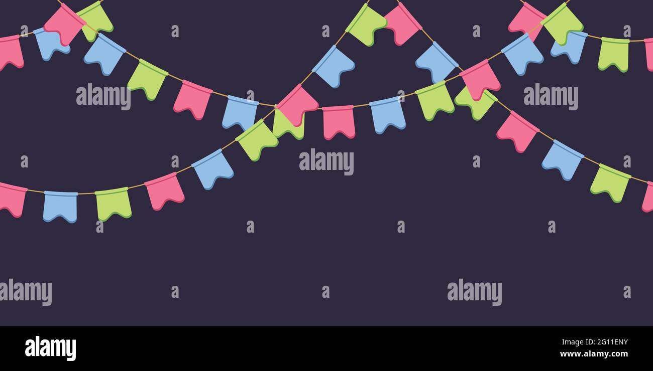 Seamless garland with celebration flags chain, pink, blue, green ...