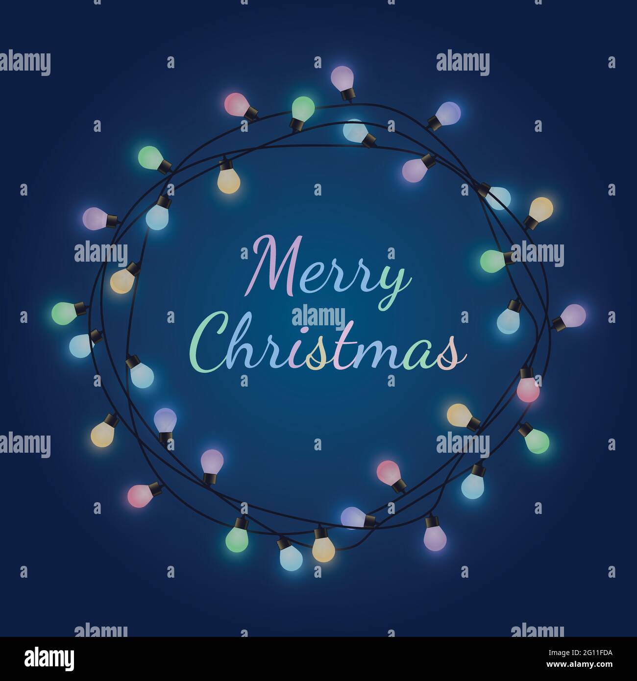 Merry Christmas sign in glowing bulb garland, decorative colored lamp ...
