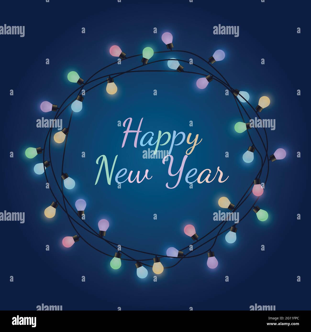 Happy New Year Sign with glowing lamp wreath, decorative bulb garland ...