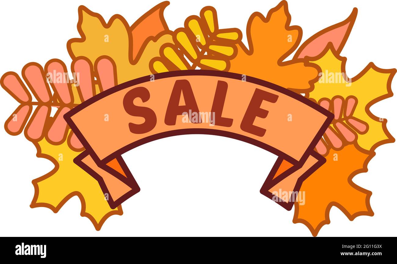 Autumn sale sign on ribbon with yellow and orange leaves without ...