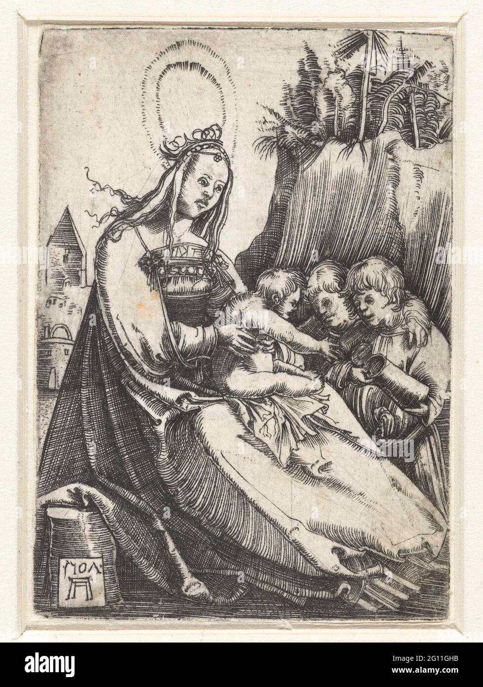 Maria with the Christ child and two boys. Maria sitting in a landscape ...