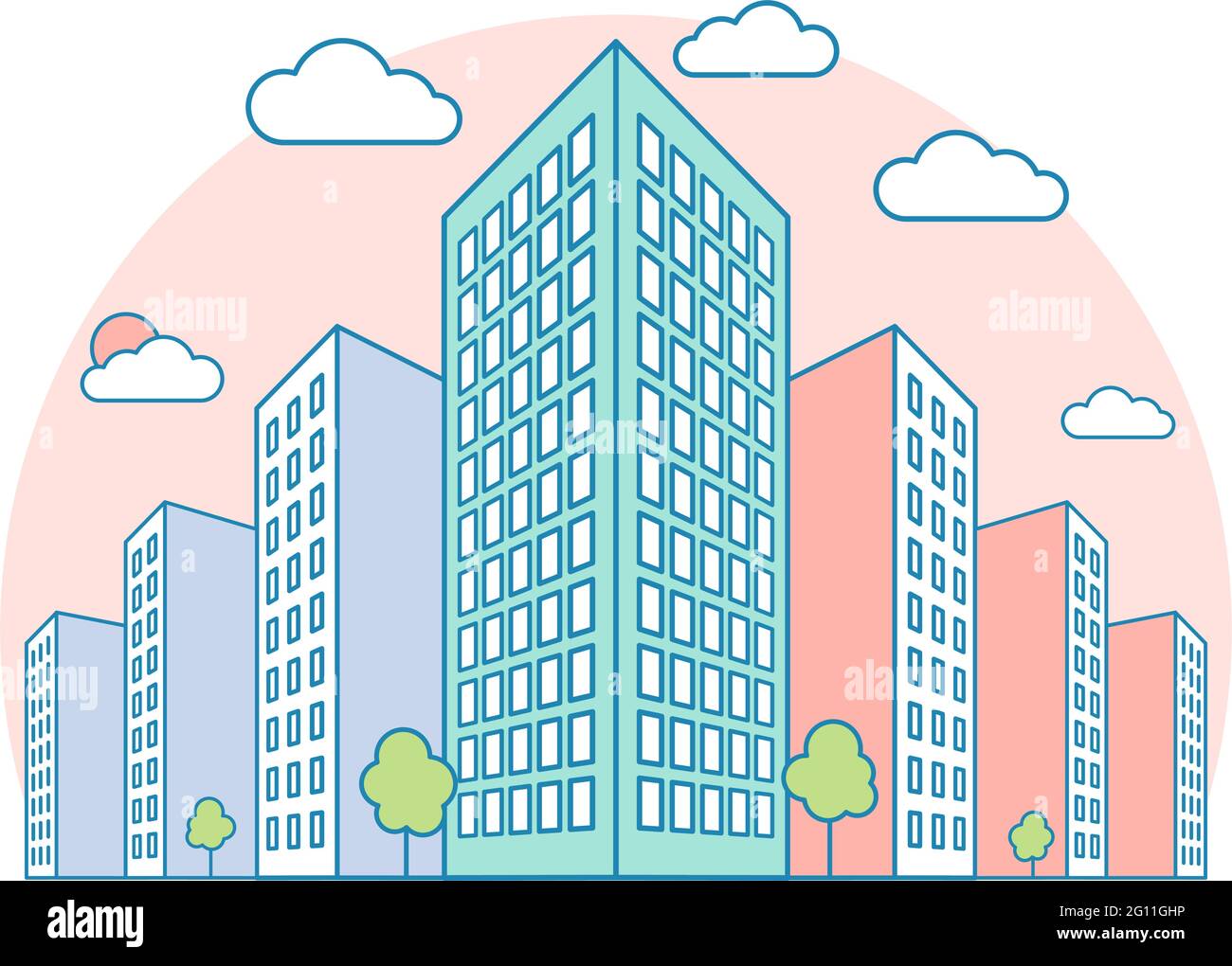 Nice city landscape view with high buildings, clouds, trees on sunset ...