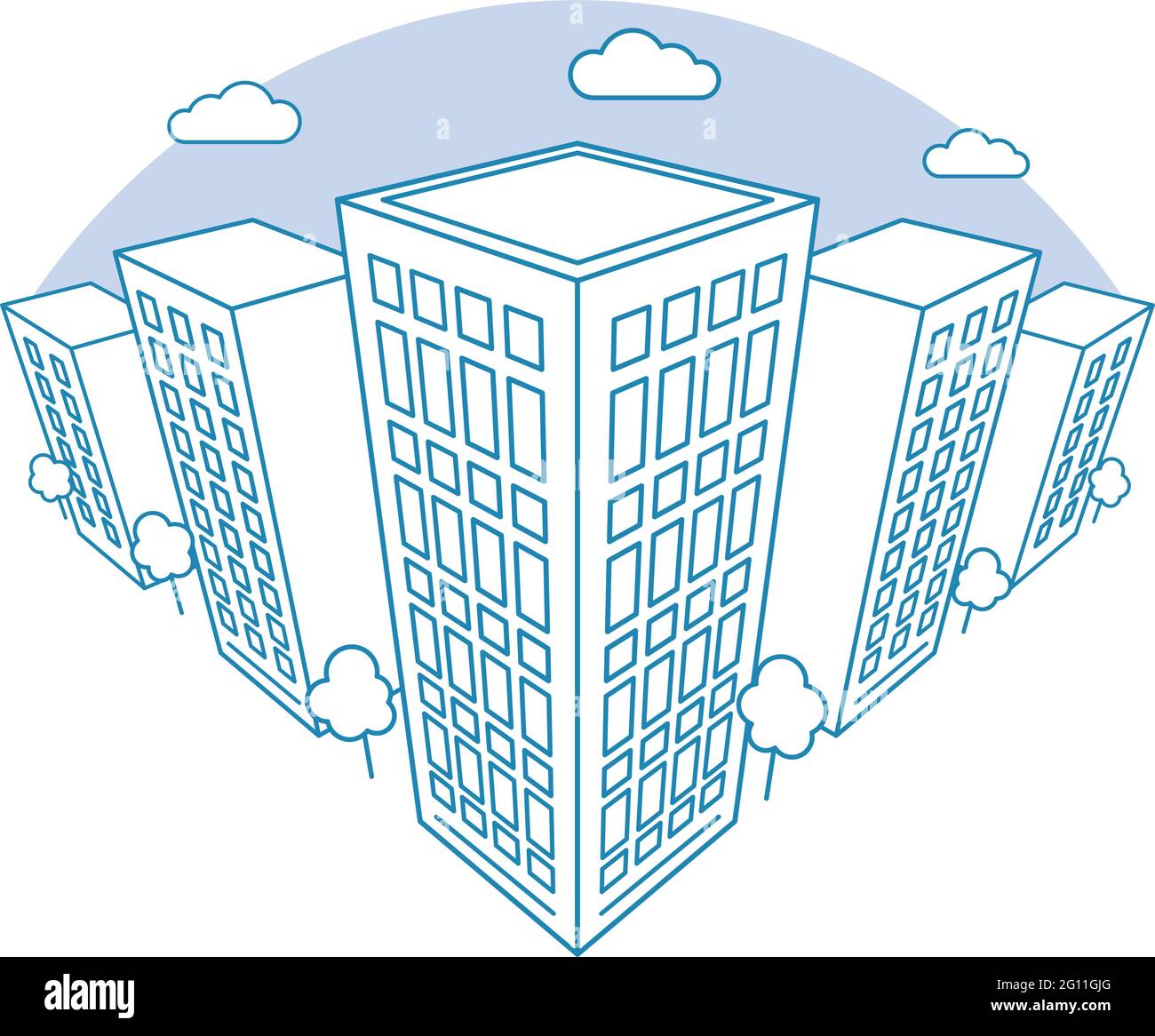 City view with high buildings, clouds, trees, landscape with street ...