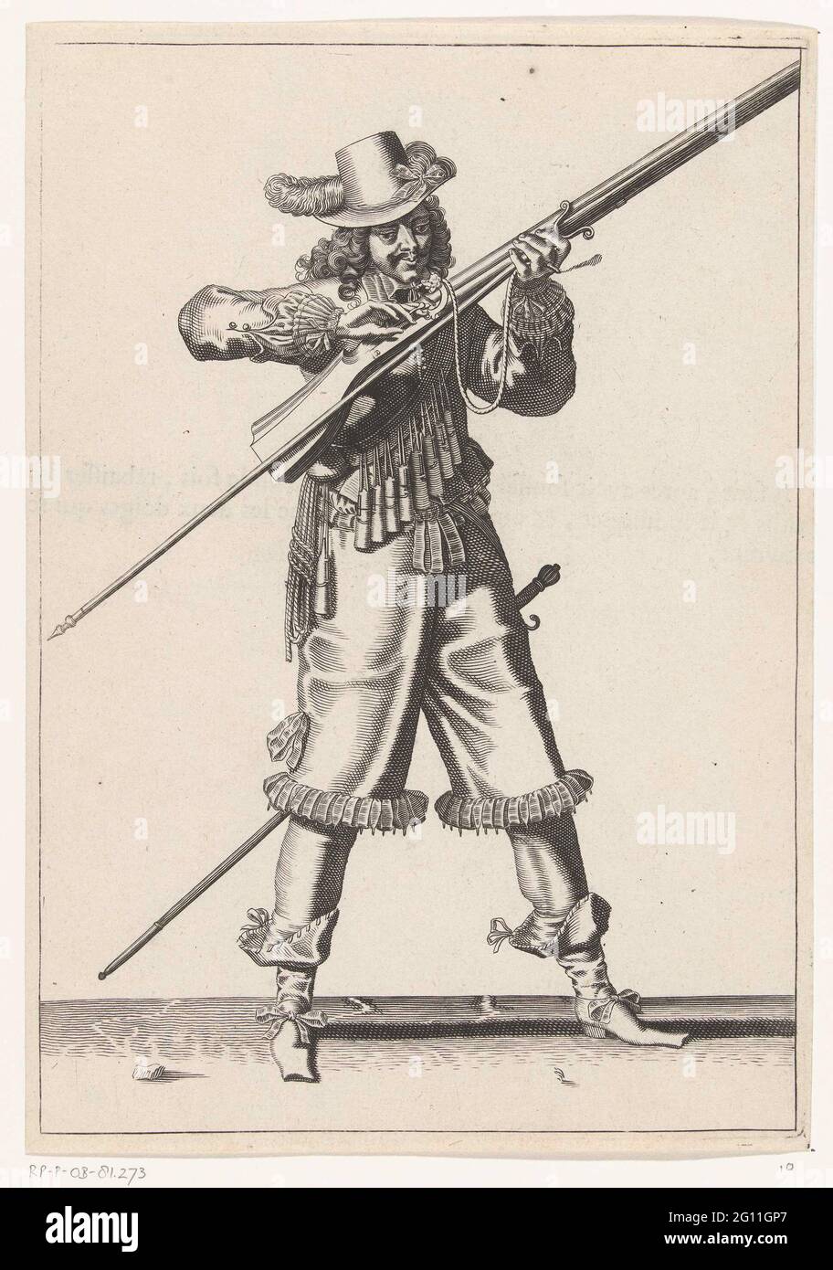 Soldier blowing his wick, while he covers the pan of his musket with ...