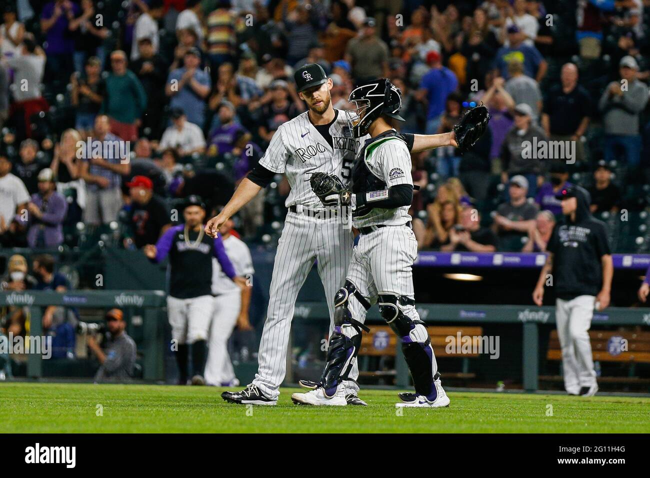 Colorado Rockies pitcher Daniel Bard (52) and Colorado Rockies catcher ...