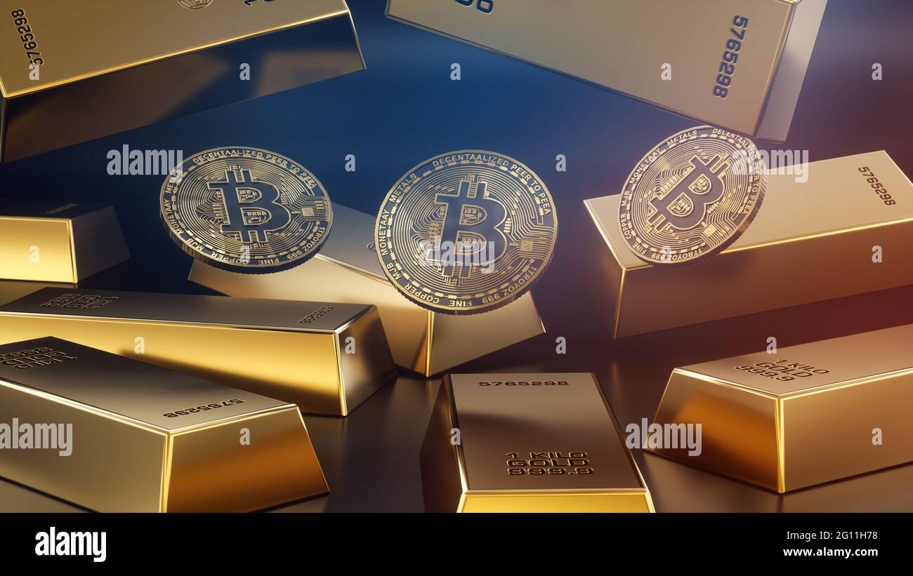Bitcoin and gold ingots falling into gold ingots, blockchain technology ...