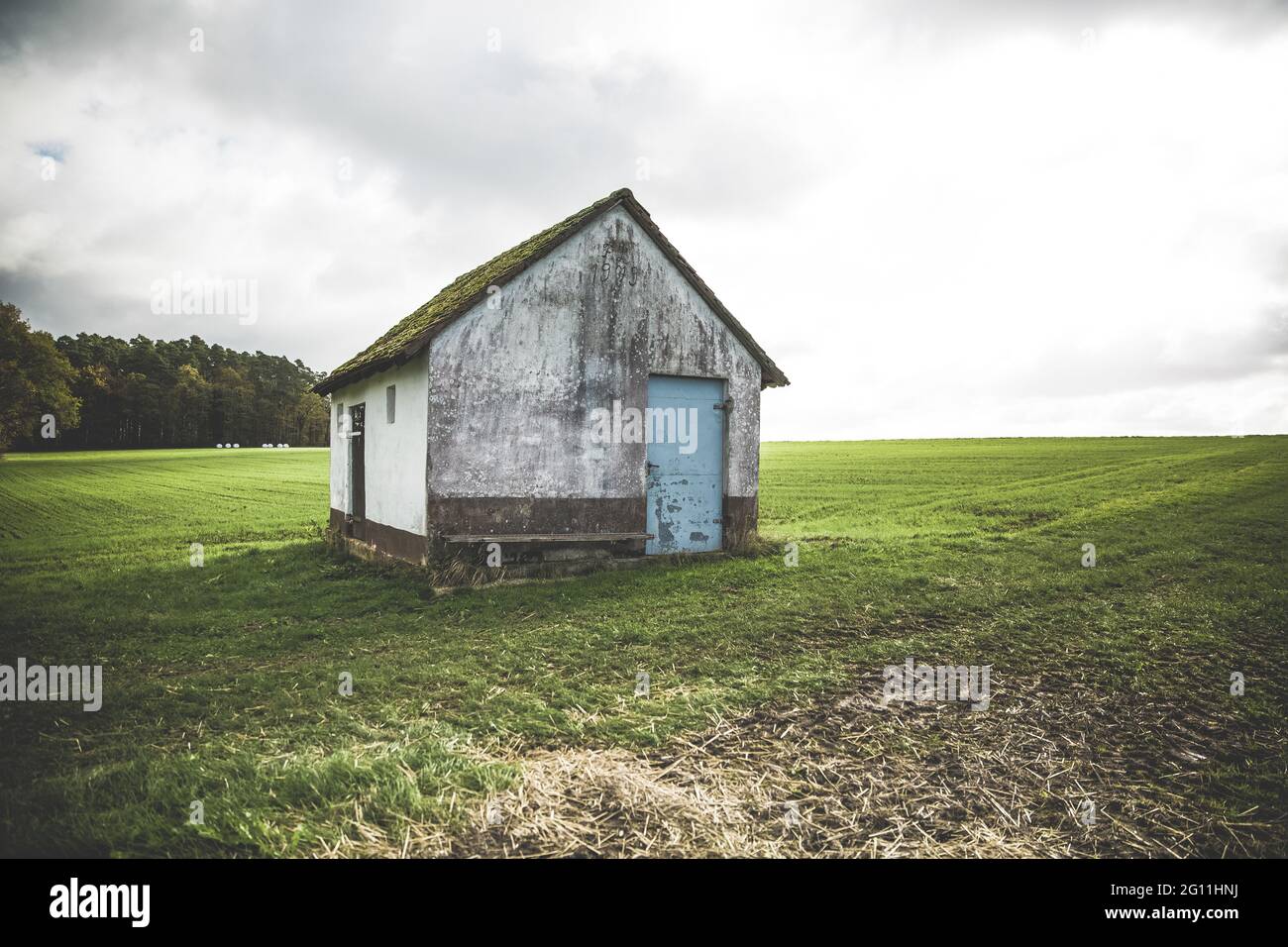 Beautiful building with a mossy roof isolated in a green field under a ...