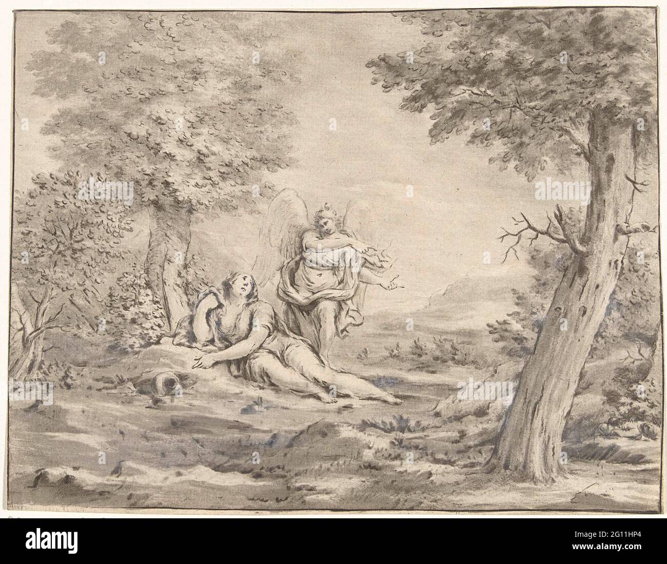 Hagar in the desert. Hagar is on the floor in a mountainous landscape ...