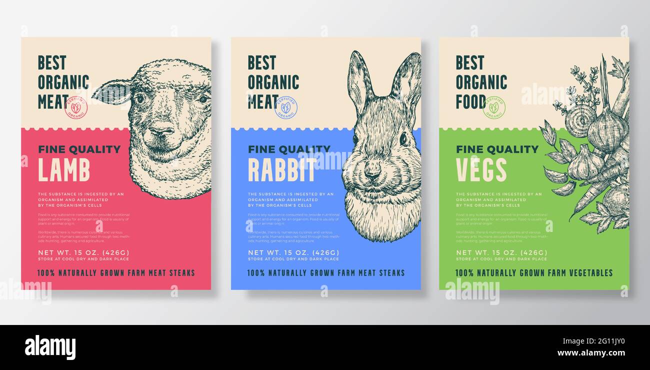 Animal Portrait Organic Meat and Vegetables Vector Packaging Design or ...