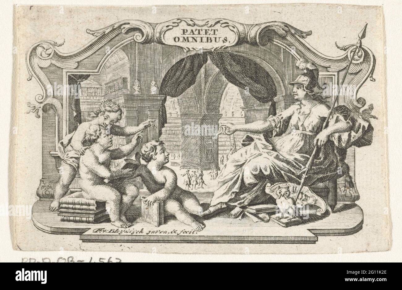 Title Vignet with library and goddess Minerva and putti with books ...