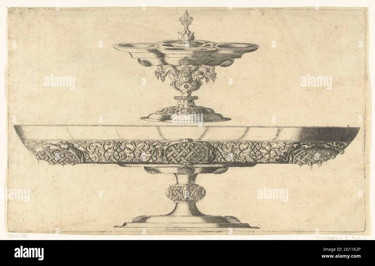 Dish and a salt barrel above; Scale, B.24. The salt barrel is decorated ...