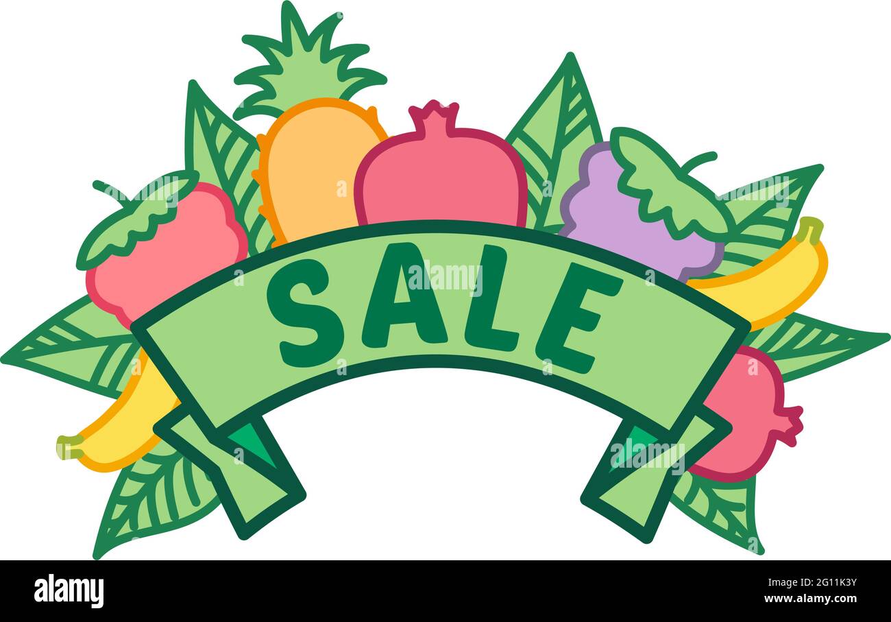 Summer sale sign on ribbon with fruit, berries and green leaves without ...