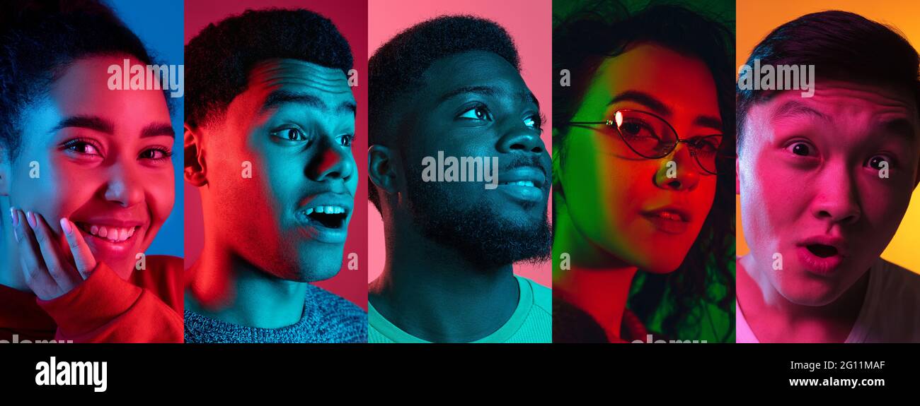 Close-up portrait of young people on multicolored background in neon ...