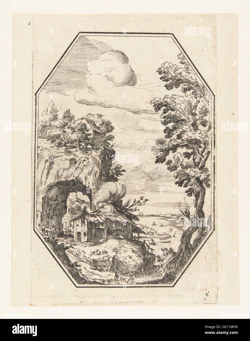 Landscape with farm in octagonal frame; Octagonal landscapes. Landscape ...