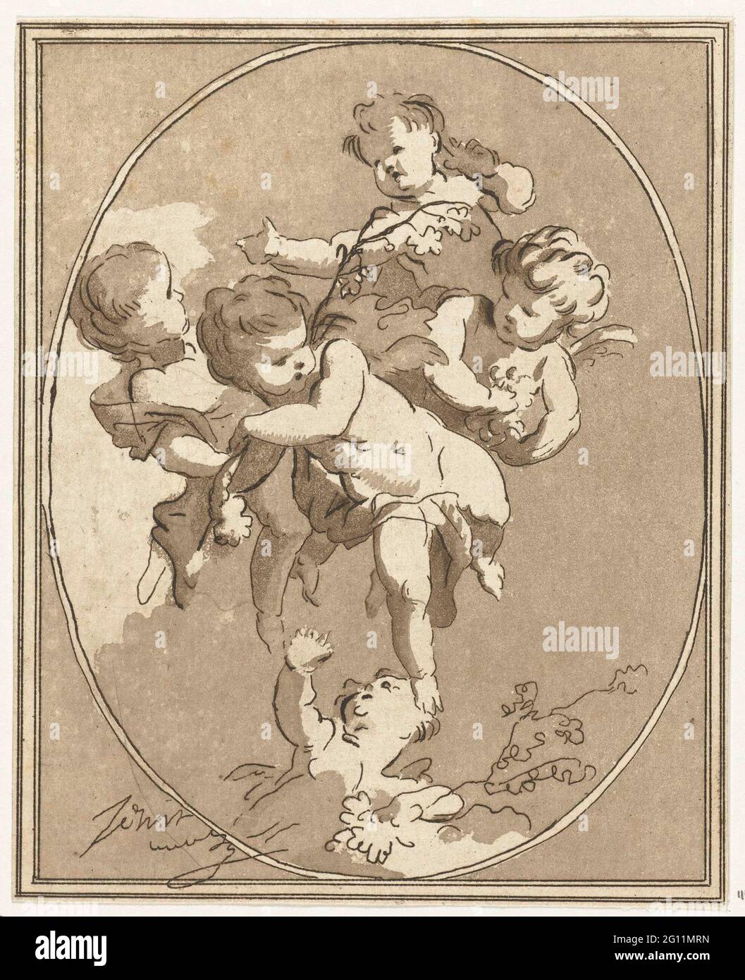 Five putti with flower branches Stock Photo - Alamy