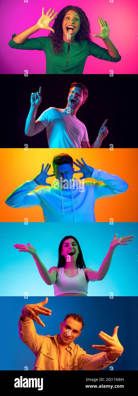 Portraits of young people on multicolored background in neon light ...