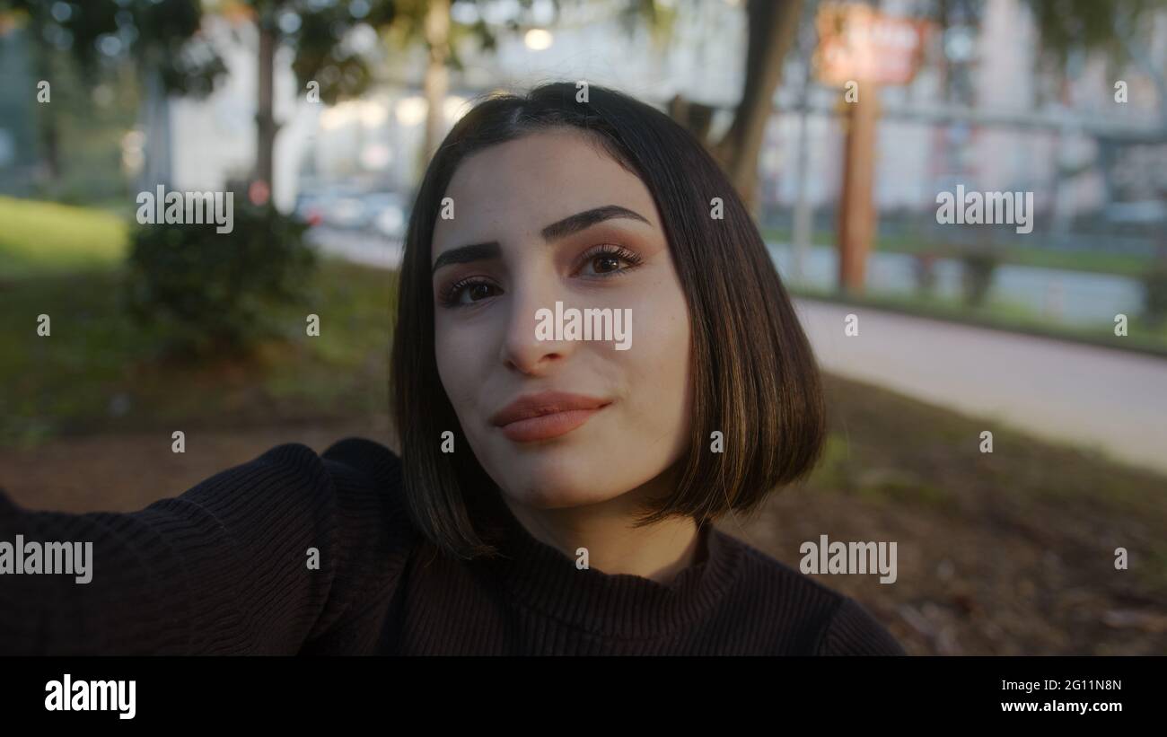 Lifestyle Selfie Portrait Of Young Positive Woman With Having Fun