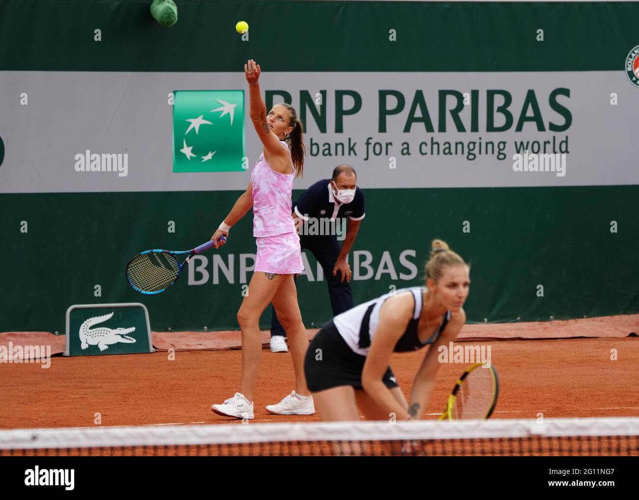 Paris, France. 4th June, 2021. Karolina Pliskova (L) and Kristyna ...