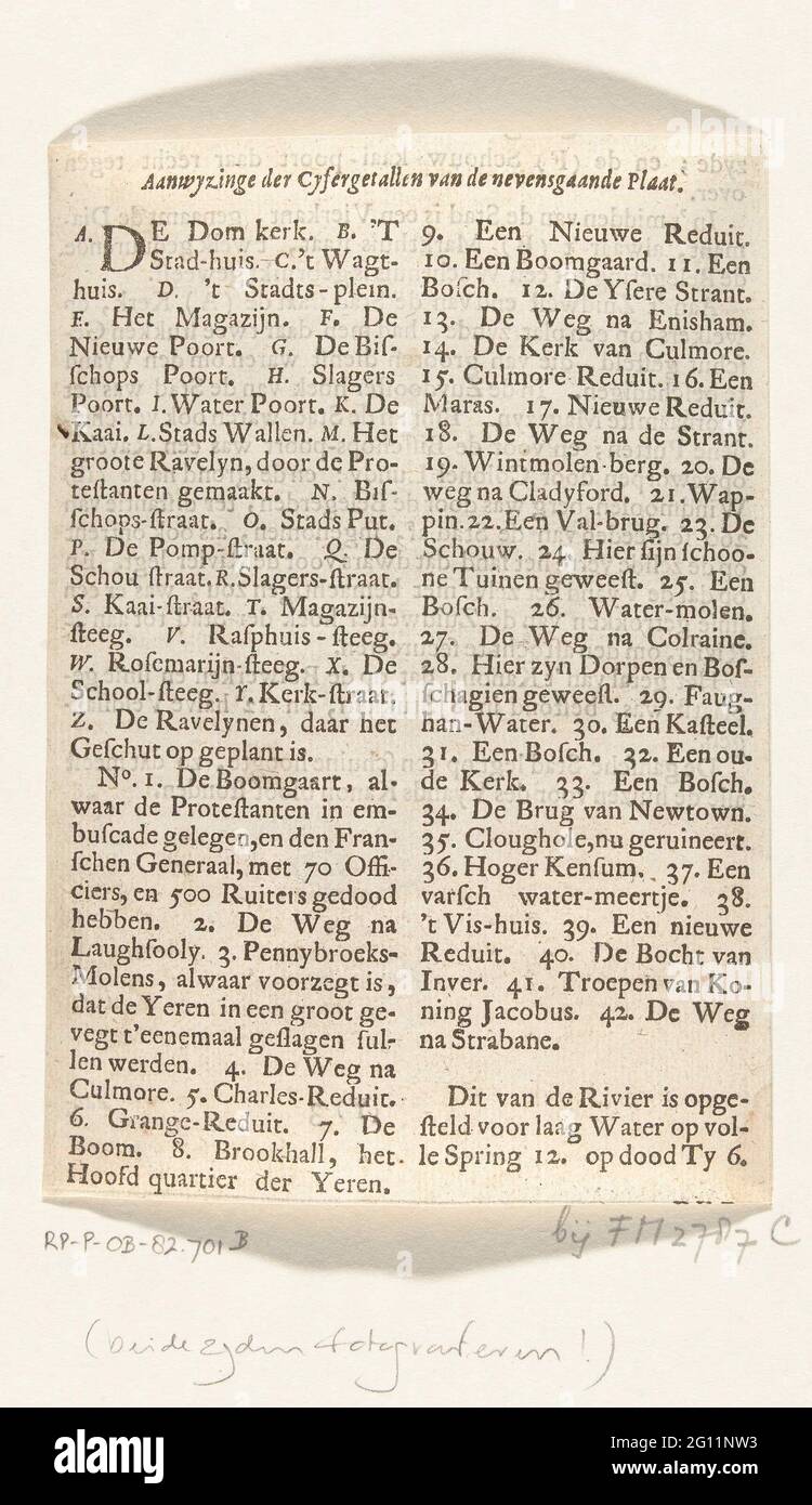 Legend at Londonderry Siege map, 1689; Gewzee of the cyphers of the ...