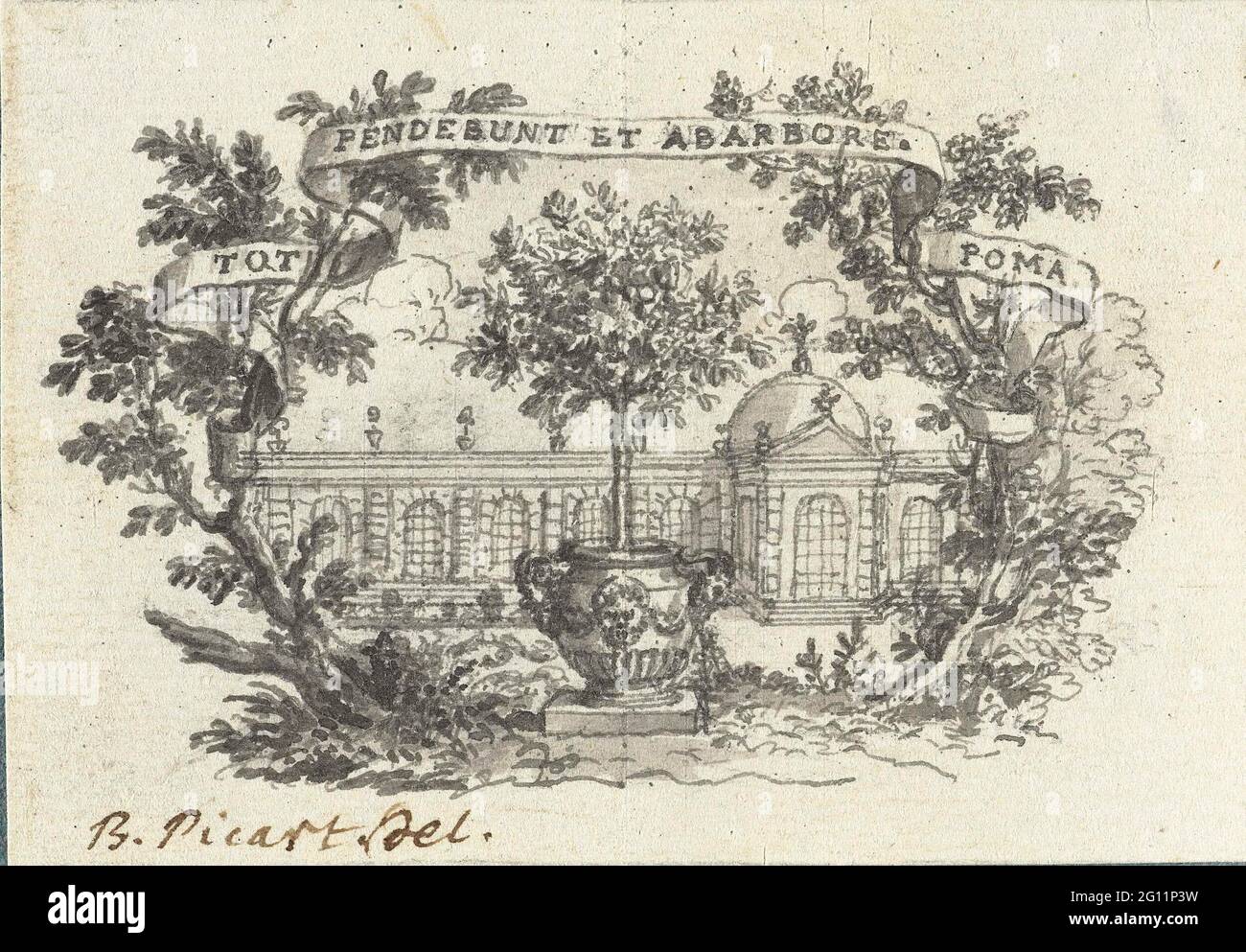 Vignette with tree in pot in front of building. Design for a print ...