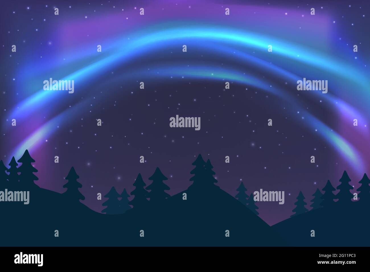 Night sky with aurora over spruce forest, blue northern light with ...