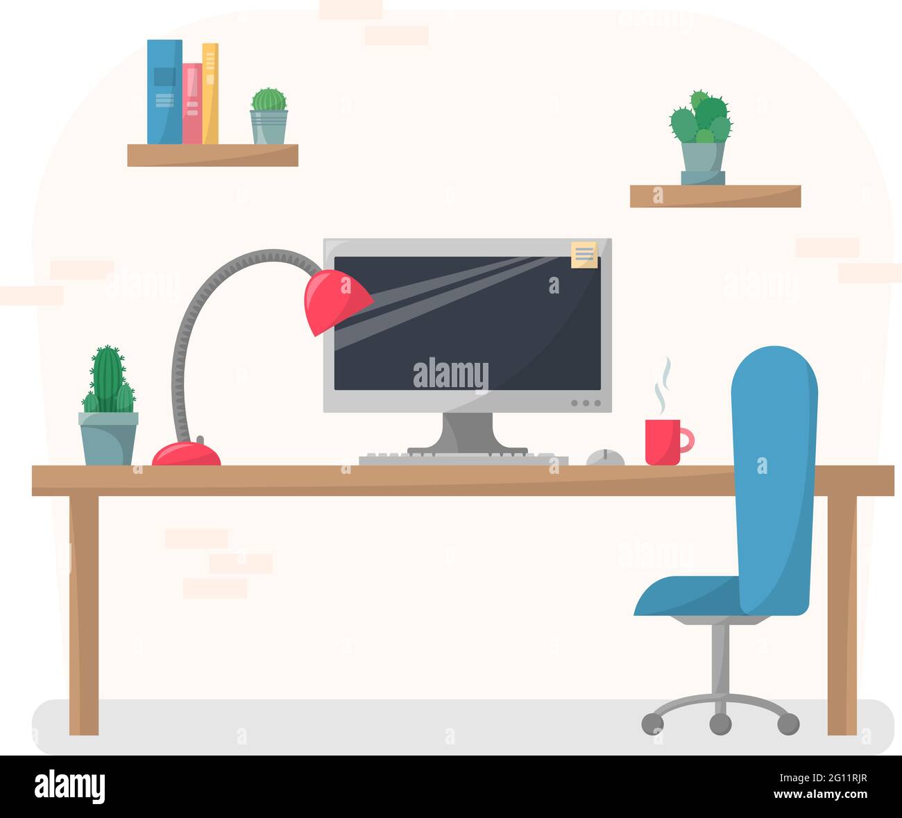 Working place illustration in flat style, computer on work table with ...