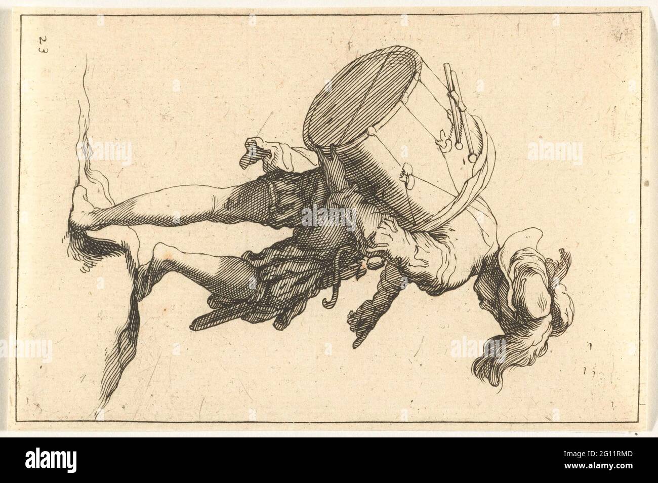 Drummer; The small figures. A young man wears a big drum on his back ...