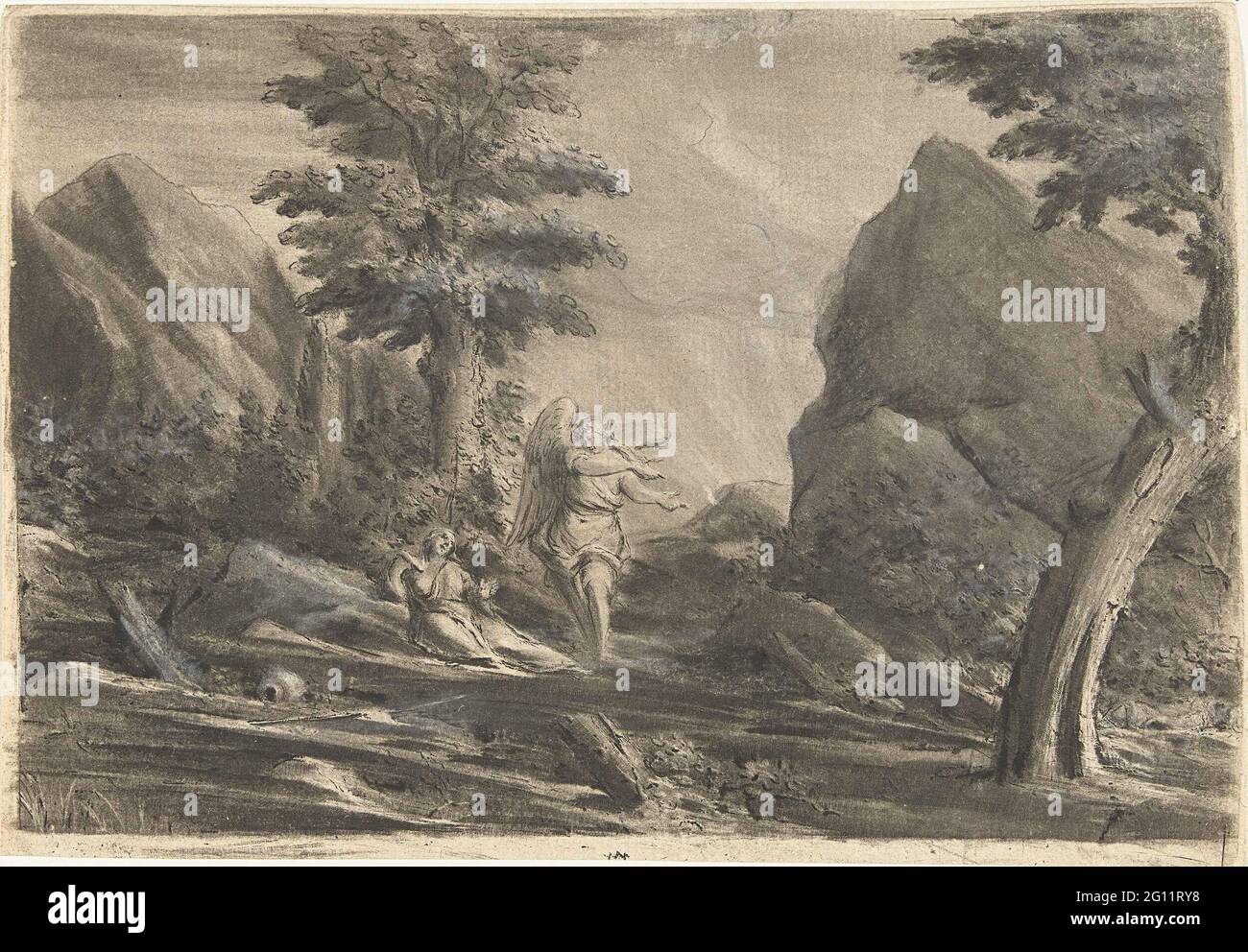 Hagar in the desert. Hagar is on the floor in a mountainous landscape ...