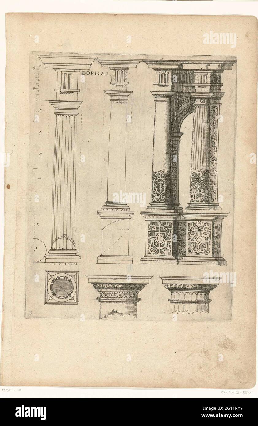 Four doric columns with pedestals, a diameter and two capitals; Dorica ...