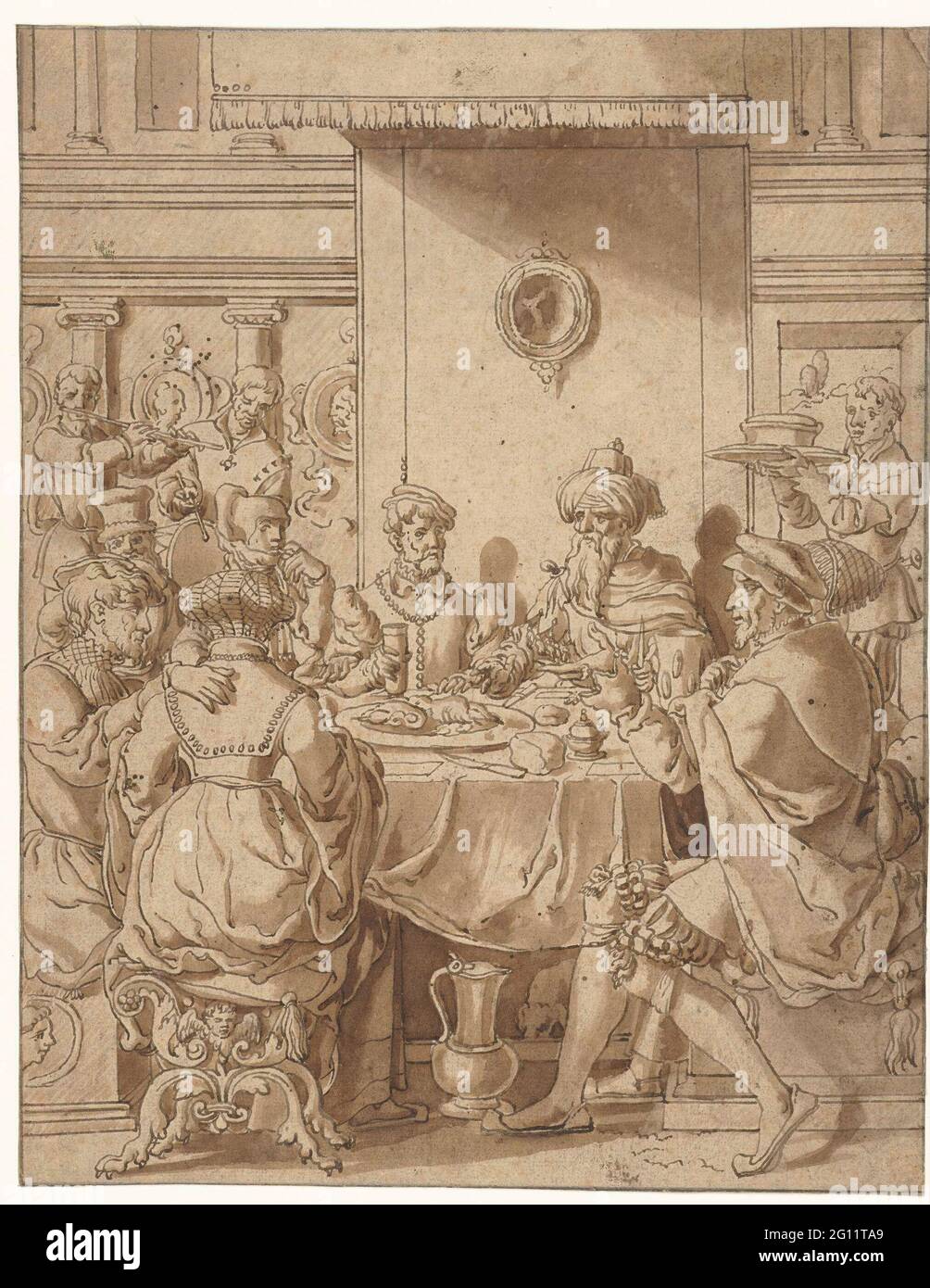Meal from Esther and Ahasverus. Ahasverus is under a canopy; Esther has ...