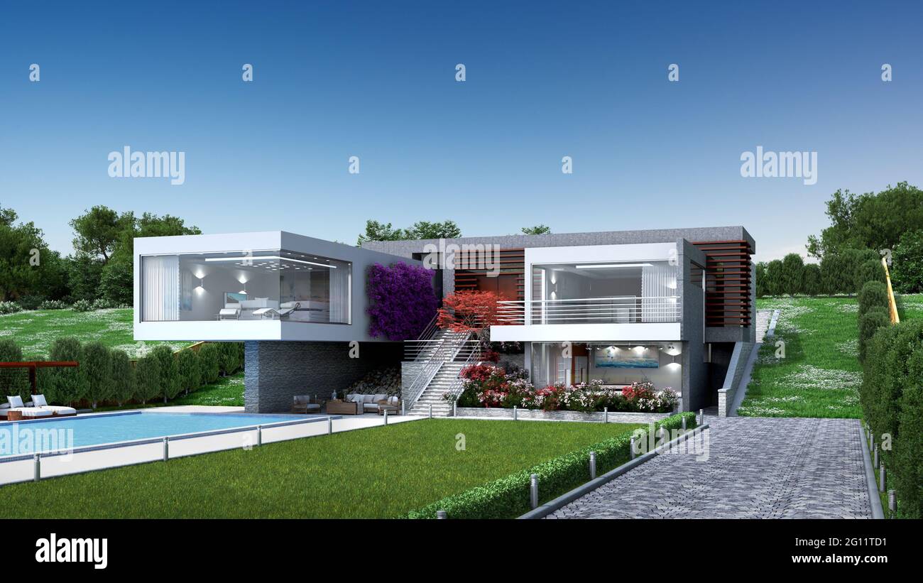 3D Illustration of a modern luxury house with a pool, in a contemporary ...
