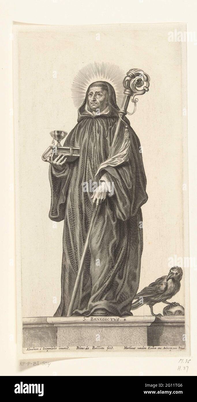 Holy Benedict as abbot with crook and broken chalice and raven with ...