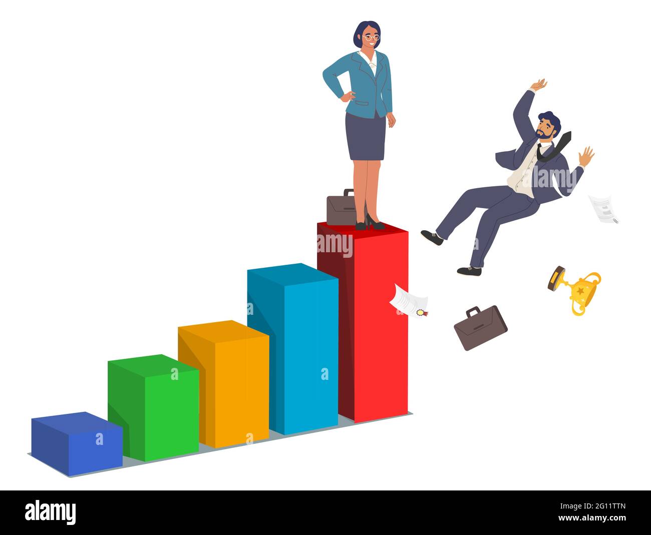 Female boss leader standing on bar chart top and male employee falling ...