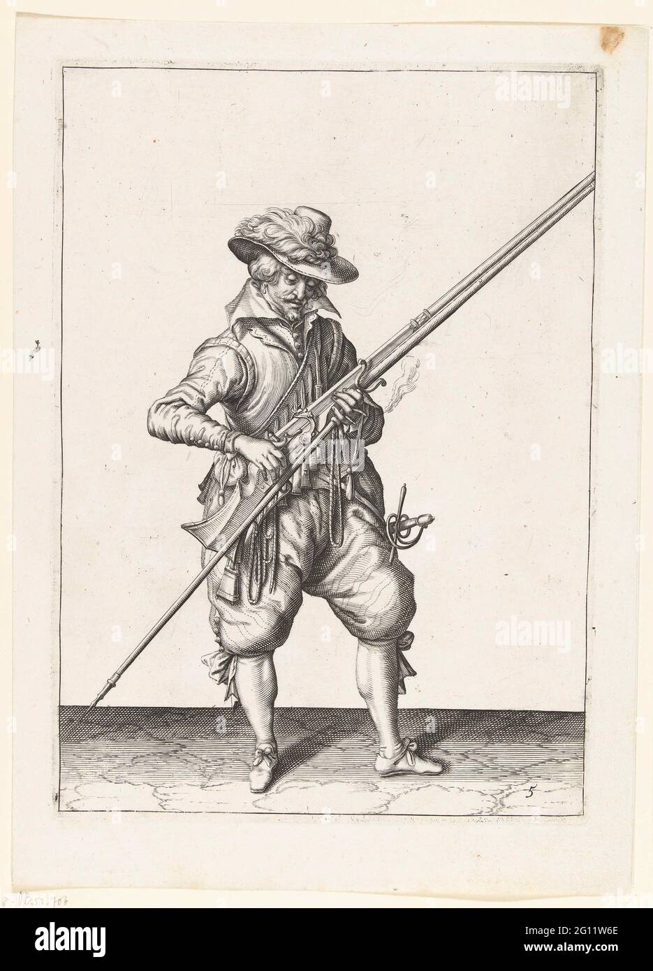 Soldier holding his musket with his left hand at his right side; Arms ...