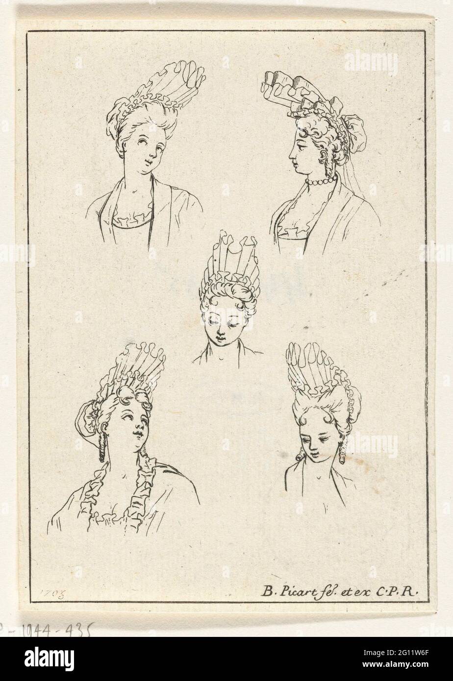 Five women's heads in different positions, with Fontange; Study leaves ...