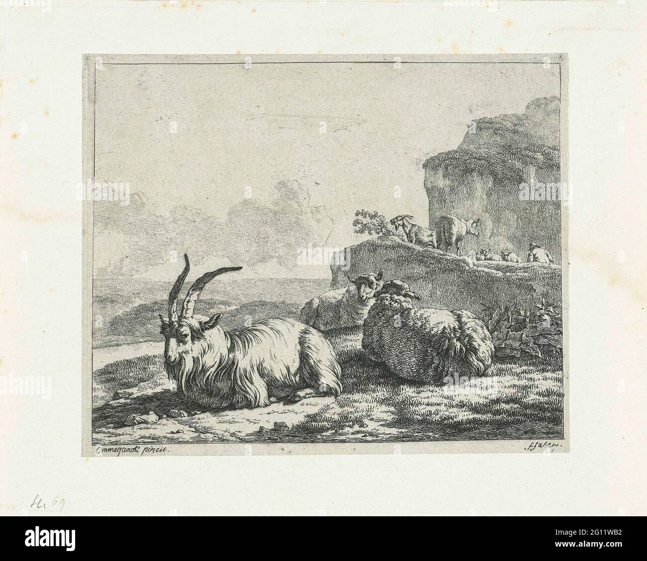 Landscape with buck and two sheep. Mountain landscape with two lying ...