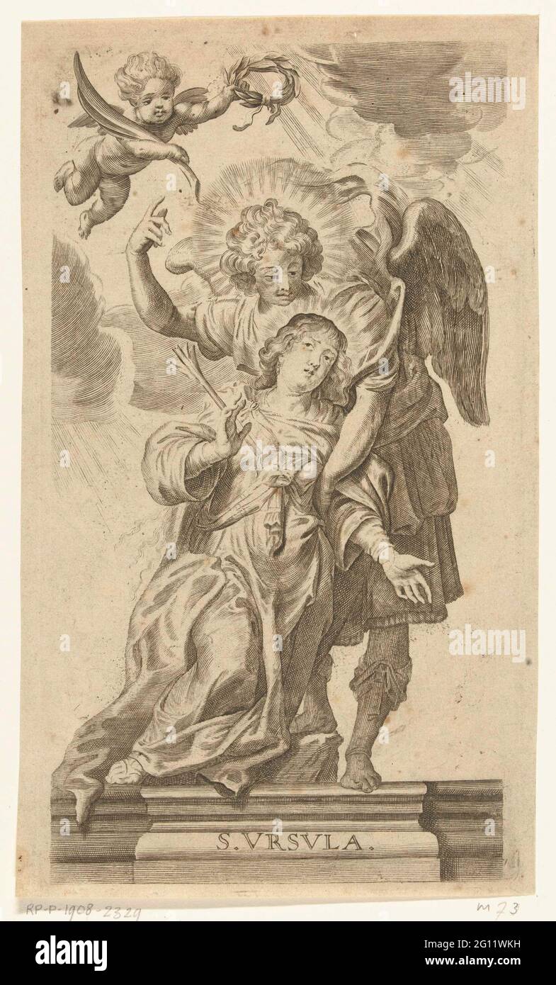 Martyrdom of Saint Ursula with arrow in chest and supported by angel; S ...