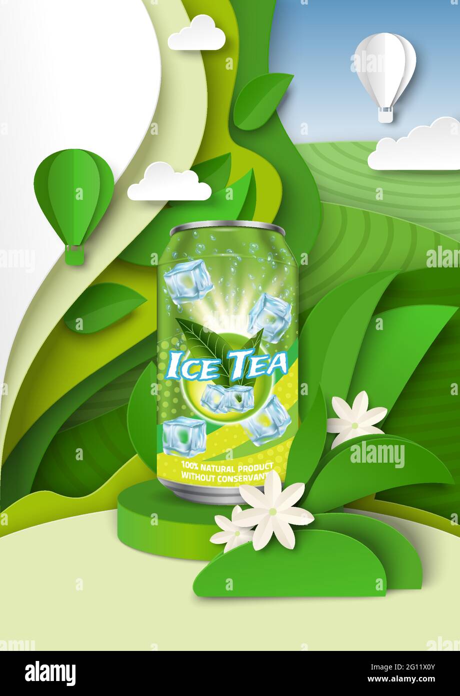 Ice tea ads template, vector illustration. Herbal soft drink packaging ...