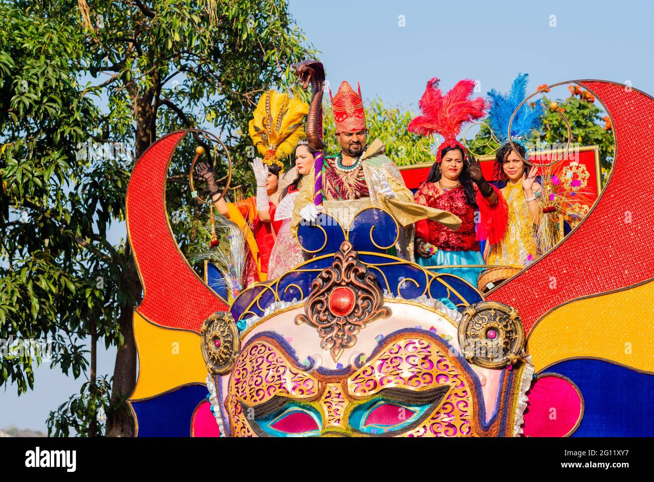 Panaji, Goa, India, Feb 13 2021: Floats and characters on display ...